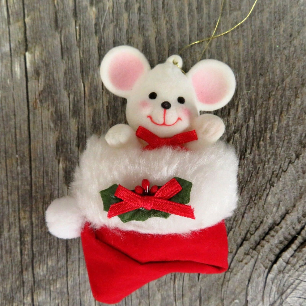 Vintage Flocked Mouse Stocking Ornament Christmas Holiday Red White Ho ...