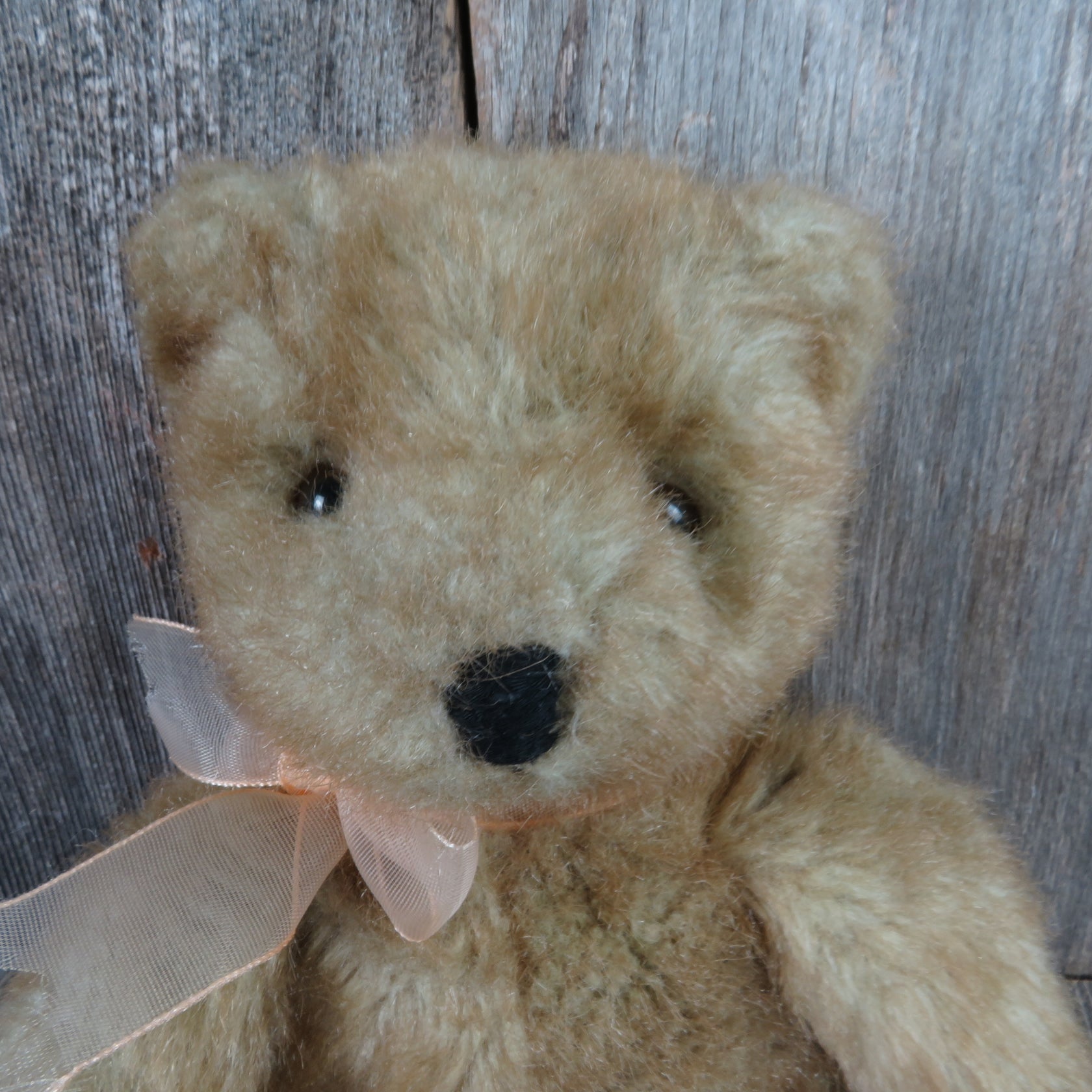 Vintage Teddy Bear Plush Peach Bow Shiny Sparkle Stuffed Animal Felt P ...