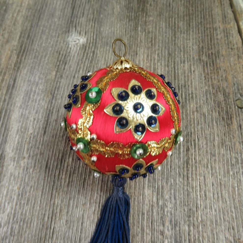 Vintage Beaded Ball Ornament Sequined Satin Handmade Christmas Red Blu ...