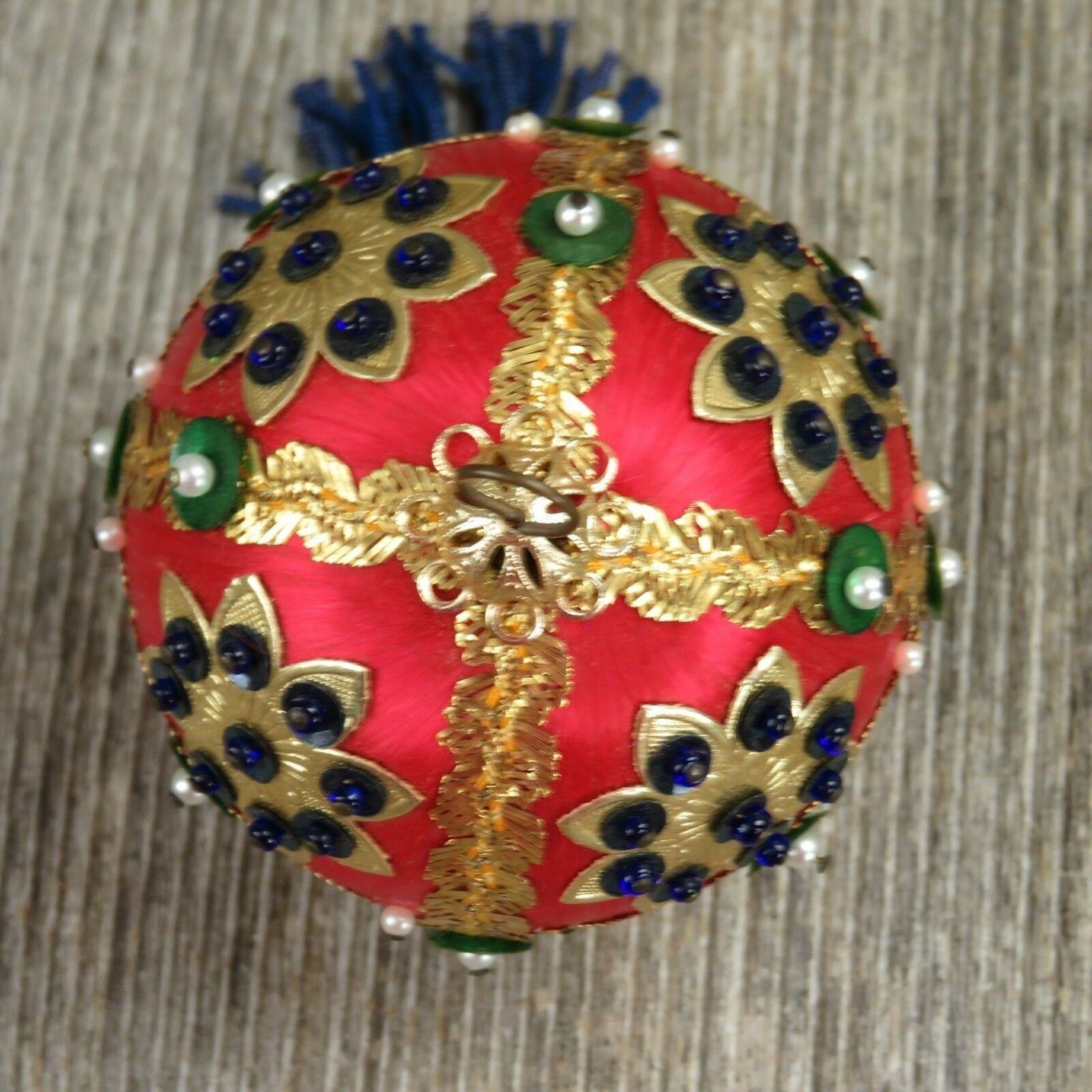 Vintage Beaded Ball Ornament Sequined Satin Handmade Christmas Red Blu ...