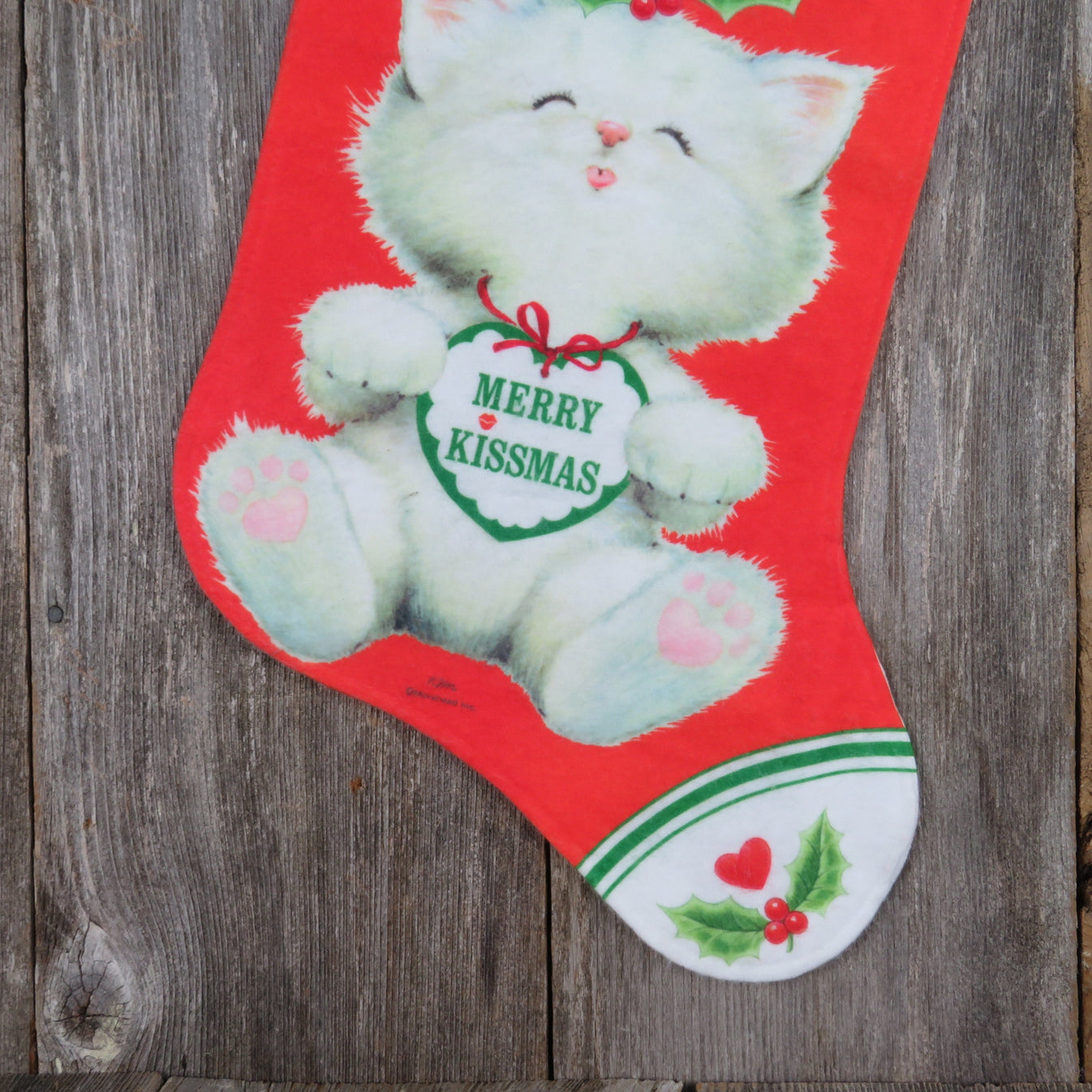 Vintage Kitten Cat Morehead Christmas Stocking Merry Kissmis Holly Fel ...